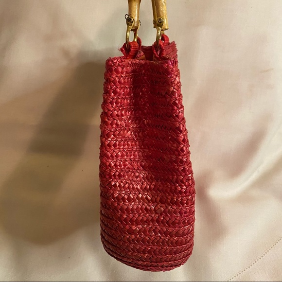 Vintage | Bags | Vintage 7s Red Straw Bamboo Handle Small Boxy ...